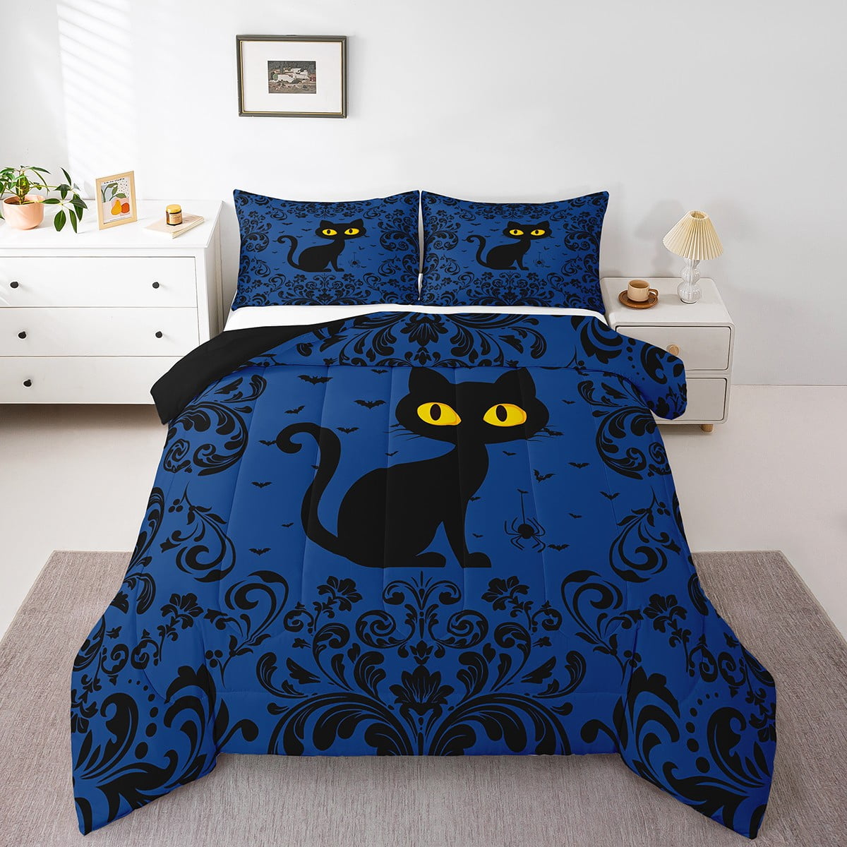 Black Cat Queen Bedding Comforter Sets Black Navy Halloween Bedding Set ...