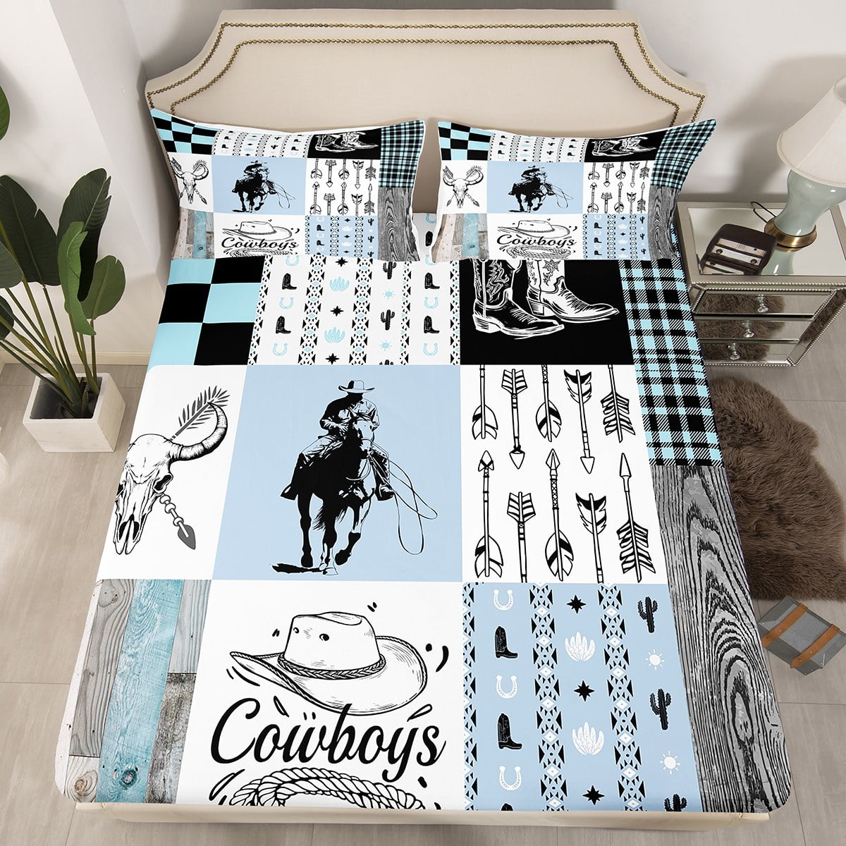 YST Boys Blue Cowboy Bedding Set Western Kids Bed Sheets Queen,Boho ...