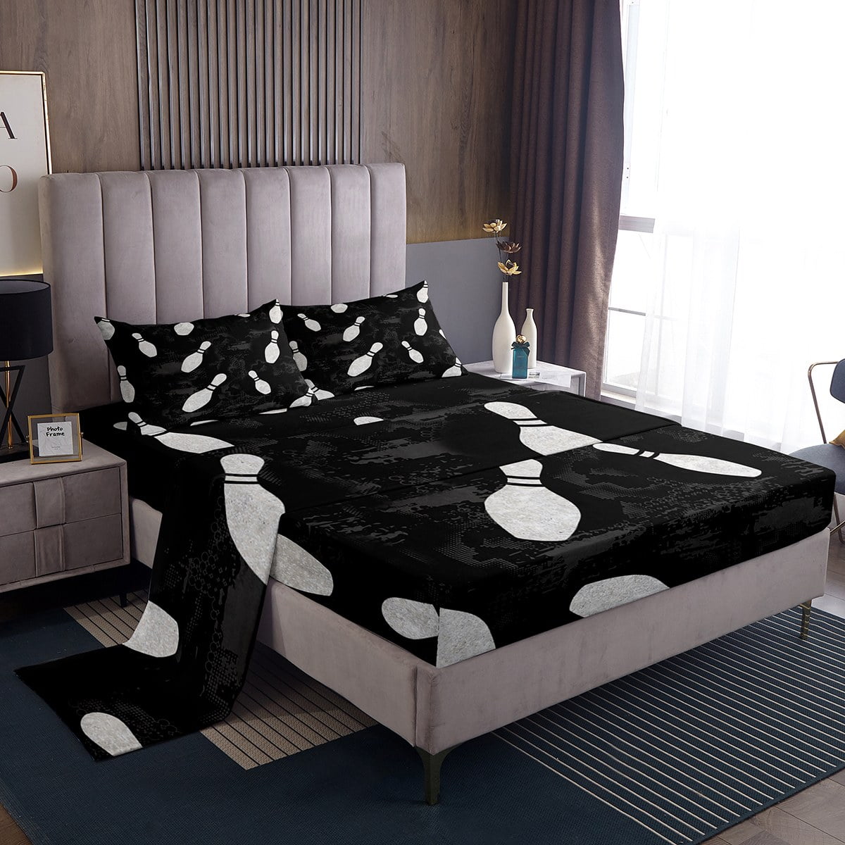YST Boys Bowling Bed Set Kids Sports Bed Sheets Set, Black Grey Sheet ...