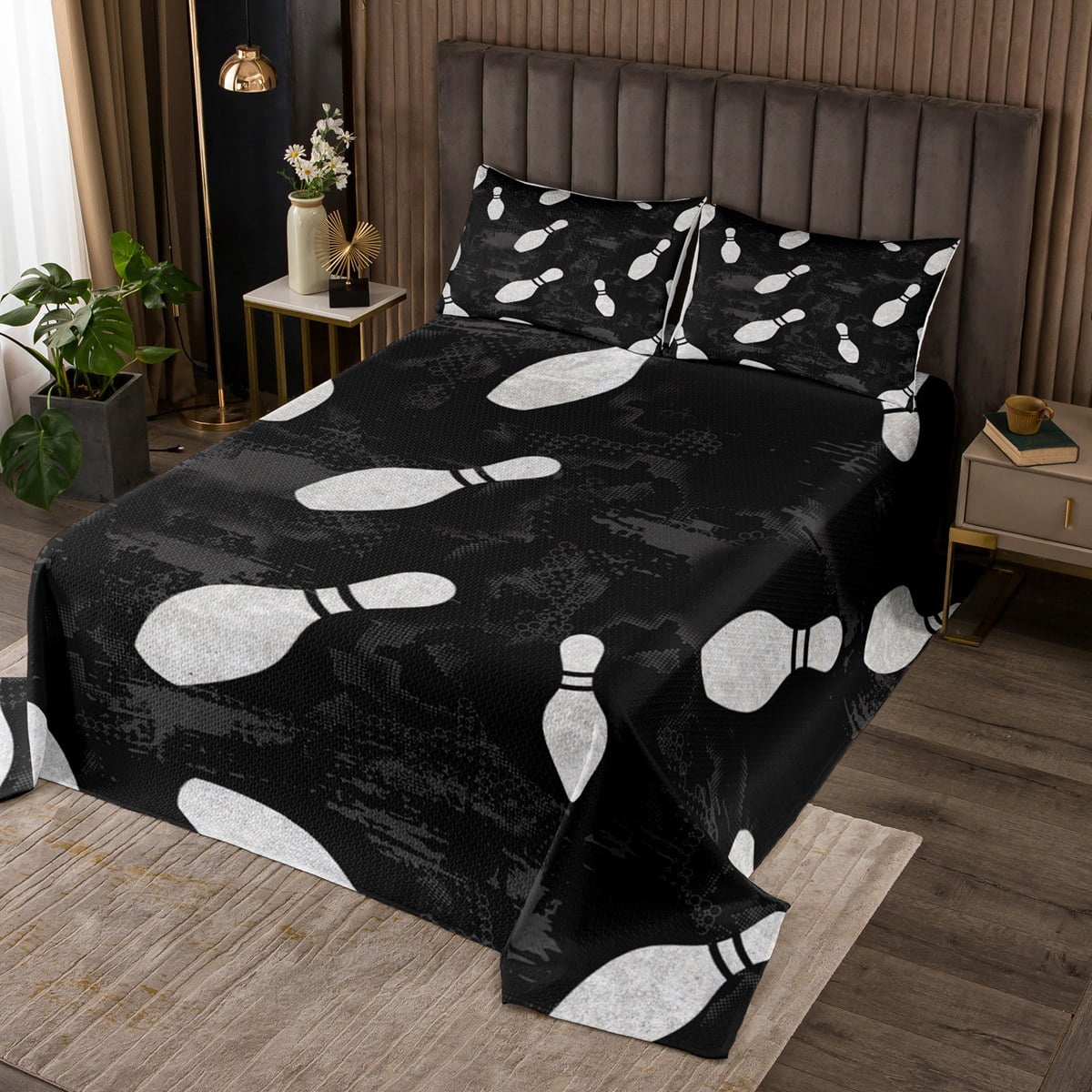 YST Boys Bowling Bedspread Twin Size Kids Sports Quilt Set, Black Grey ...