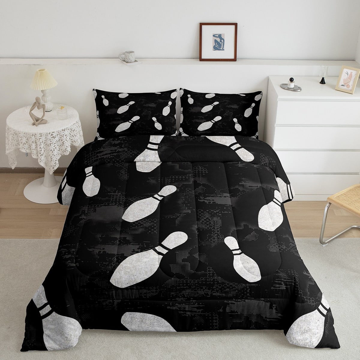 Erosebridal Bowling Comforter Set Twin Sports Bedding Set, Black Grey ...