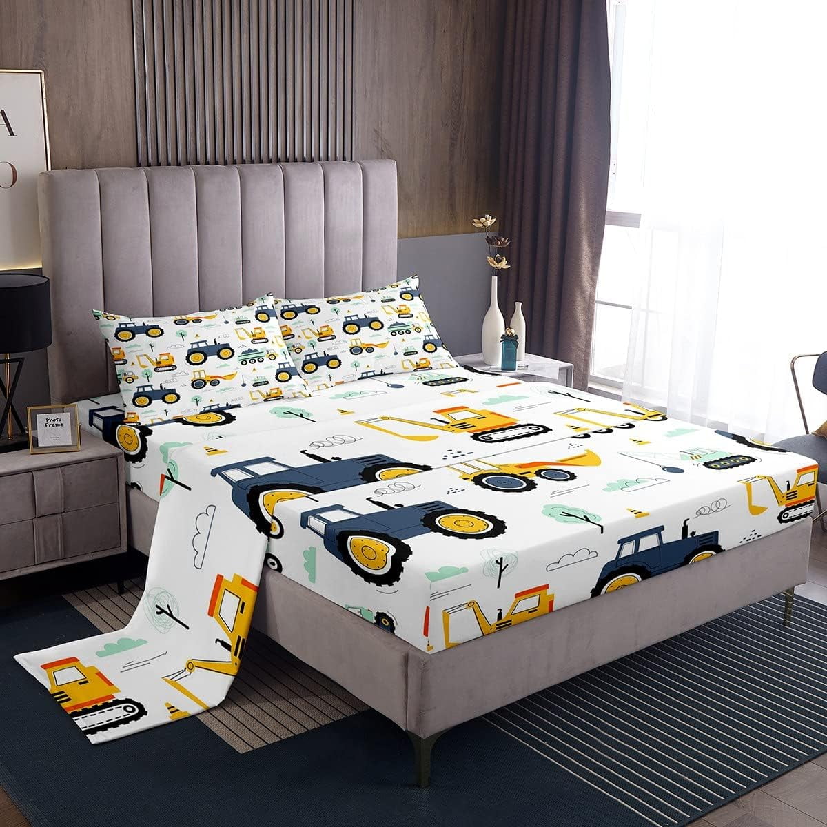 YST Boys Cartoon Car Bed Sheets King, Excavator Tractor Sheet Set for ...
