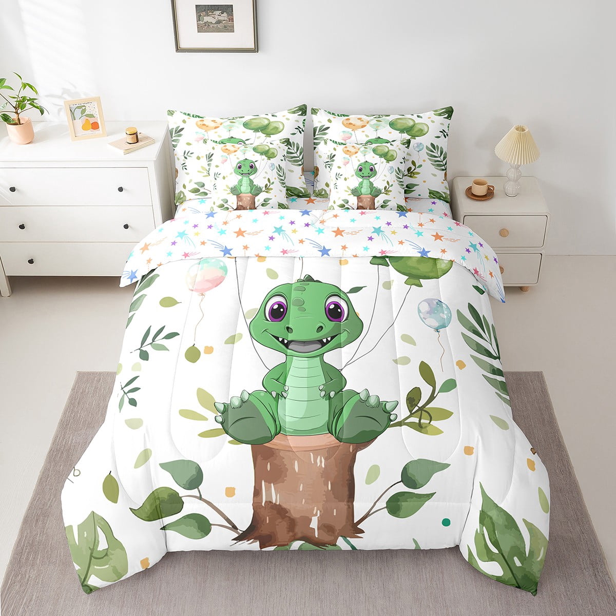 YST Boys Cartoon Dinosaur Bed In A Bag 7 Piece Kids Comforter Set With ...