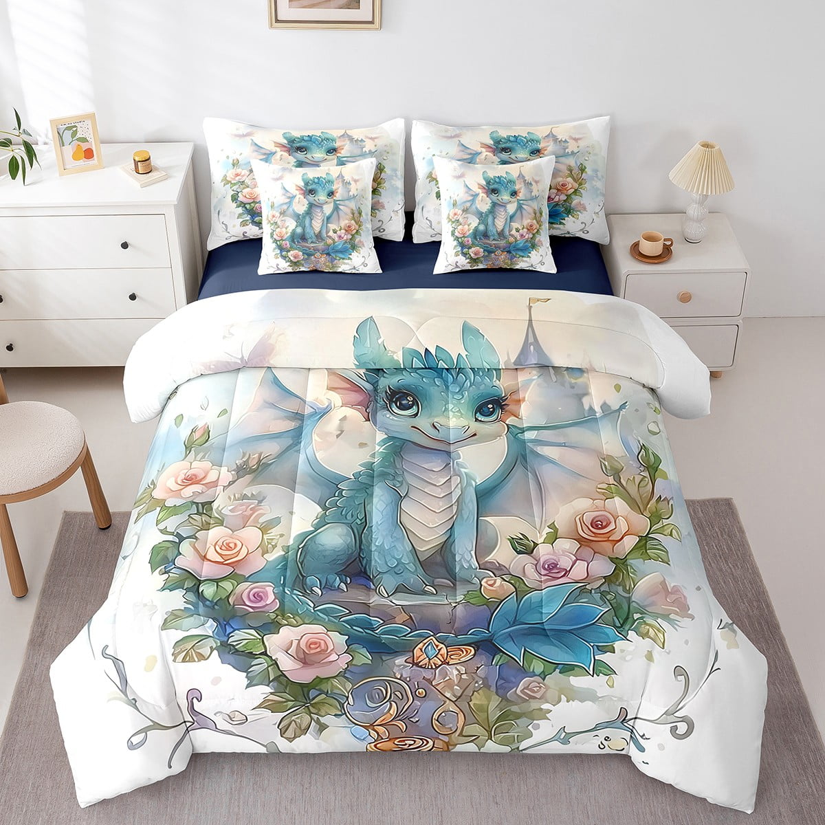 Cartoon Dragon Bed In A Bag 7 Piece Queen Cute Watercolor Rose Dragon ...