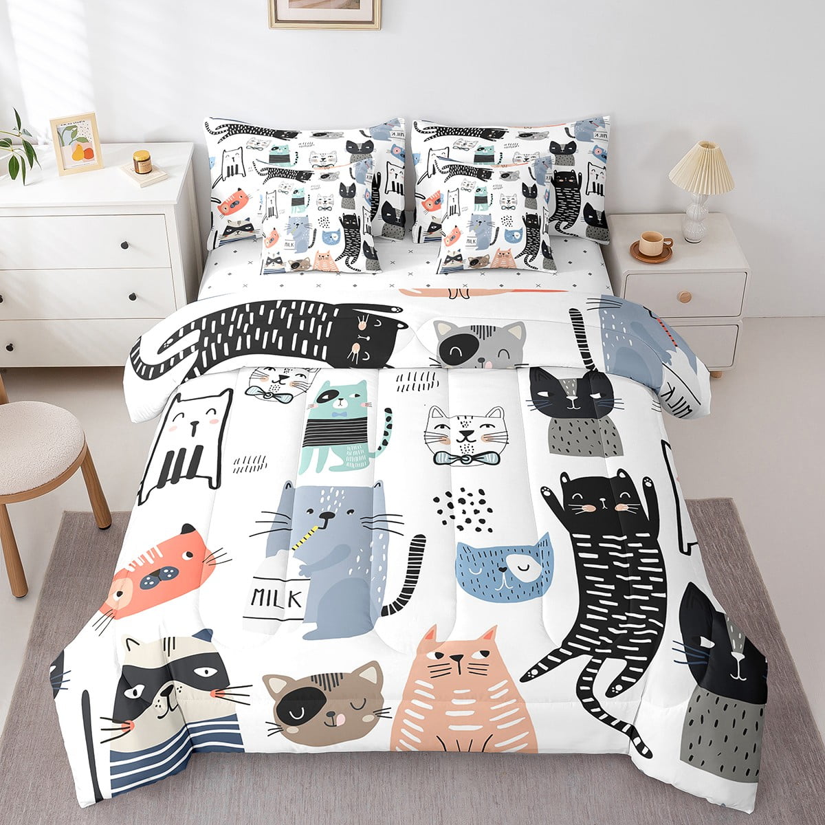 YST Boys Cat Full Comforter 7 Pcs, Kids Cute Animal Fitted Sheet Cute ...