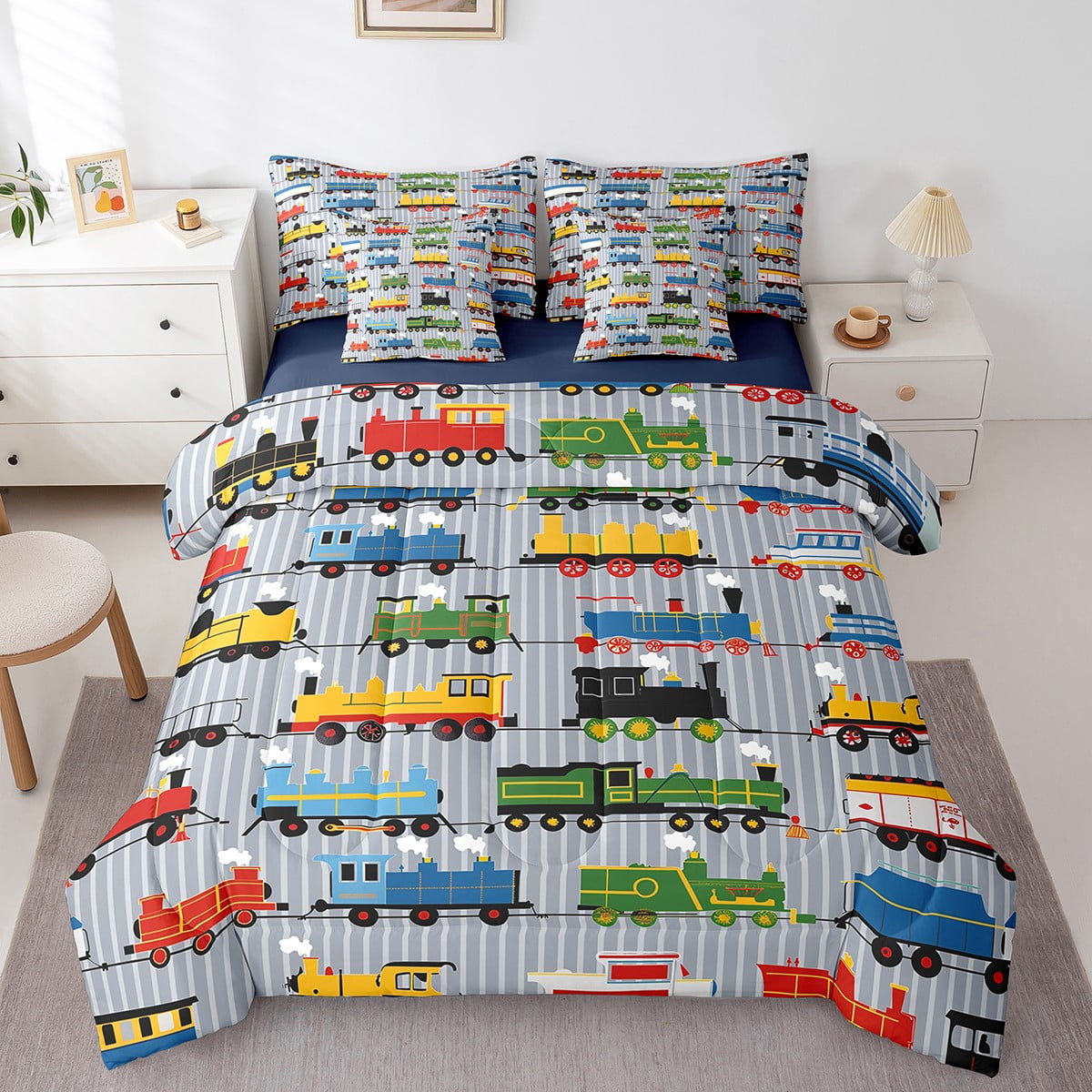 Comforter Set Twin Size Train Bedding, Colorful Steam Engine Truck 7Pcs ...