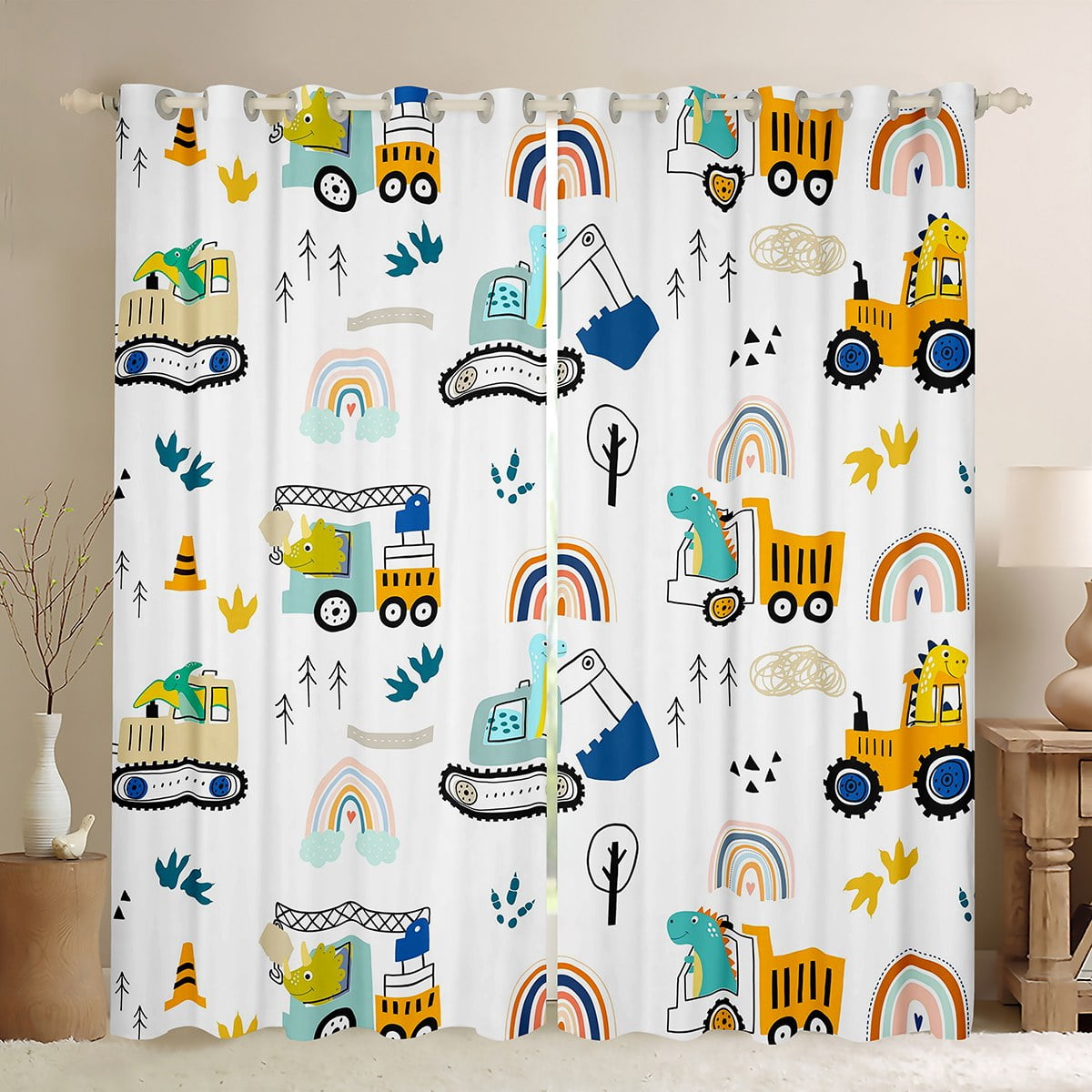 YST Boys Dinosaur Car Window Curtains 52"Wx84"L Construction Vehicle ...