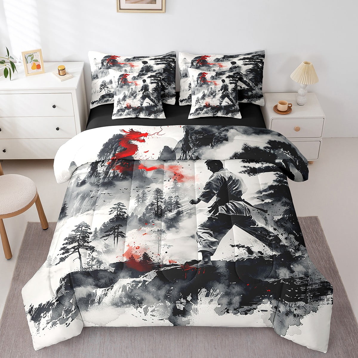 YST Boys Dragon Comforter Set - 7 Pieces Ancient Loong Bedding Sets Queen Bed In A Bag With ...