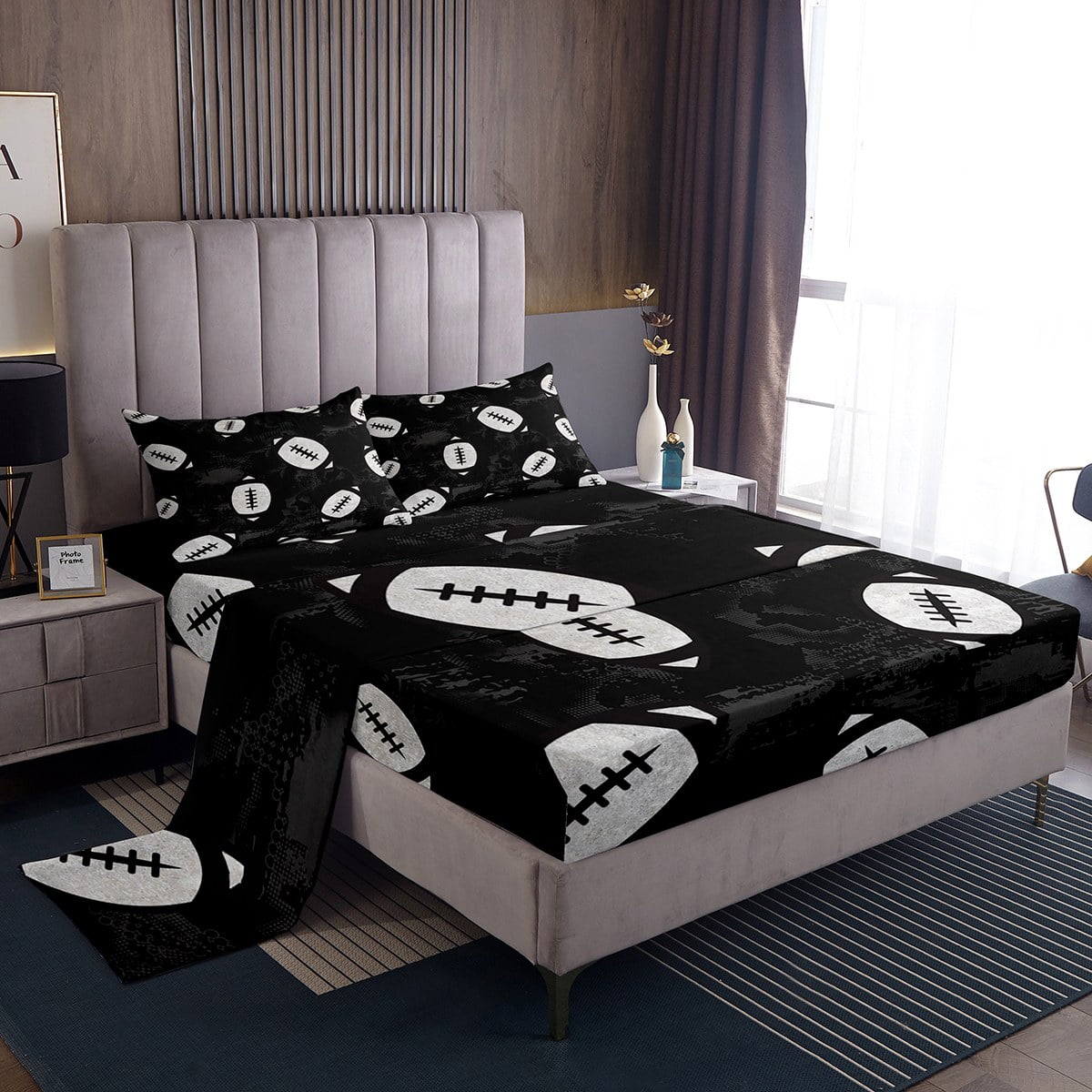 Football Twin Sheet Set Sports Sheets, Black Grey Bed Set Soccer Rugby ...