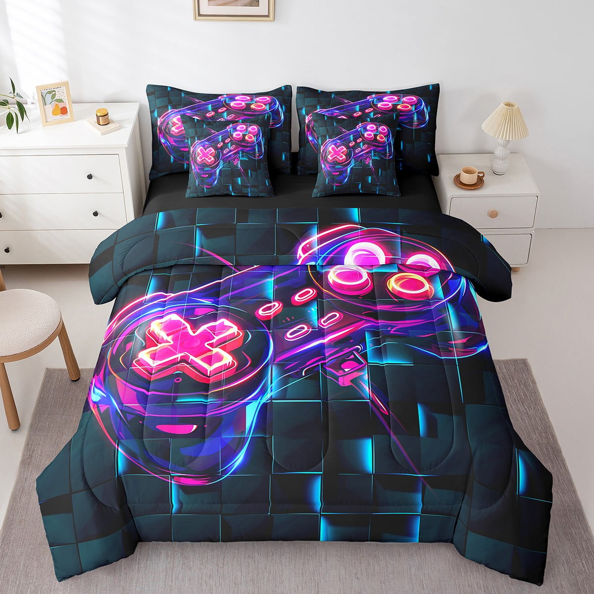 YST Boys Gaming Bedding Set 7 Pieces Black Blue Comforter Set Queen ...