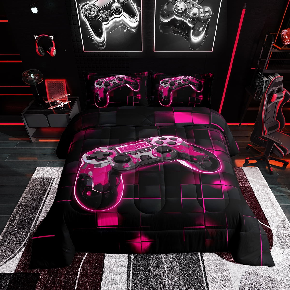 Boys Gaming Comforter Sets Twin Hot Pink and Black Gamer Bedding Set ...