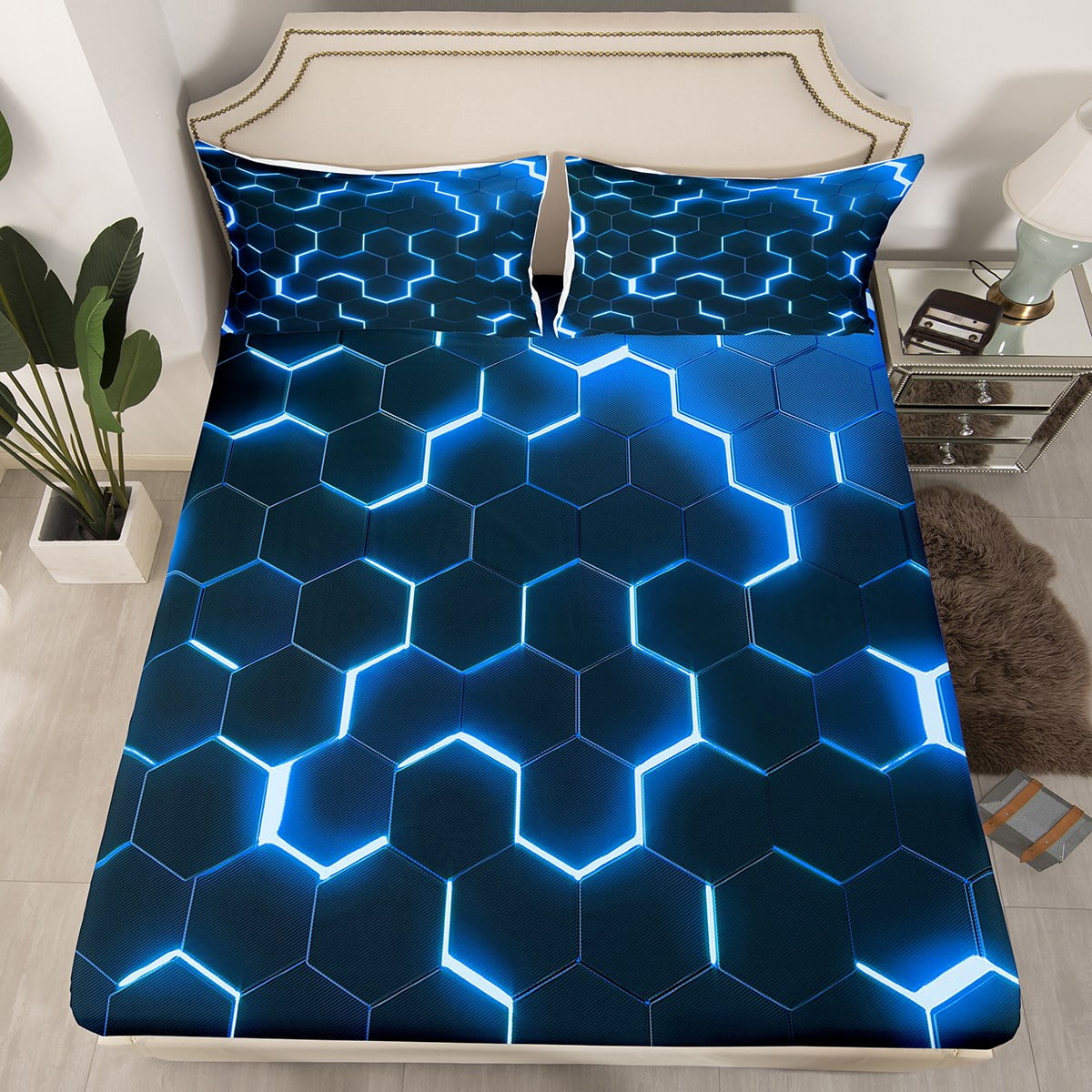 Geometric Bedding Set Queen,Neon Geometric Honeycomb Bed Sheets Sky ...