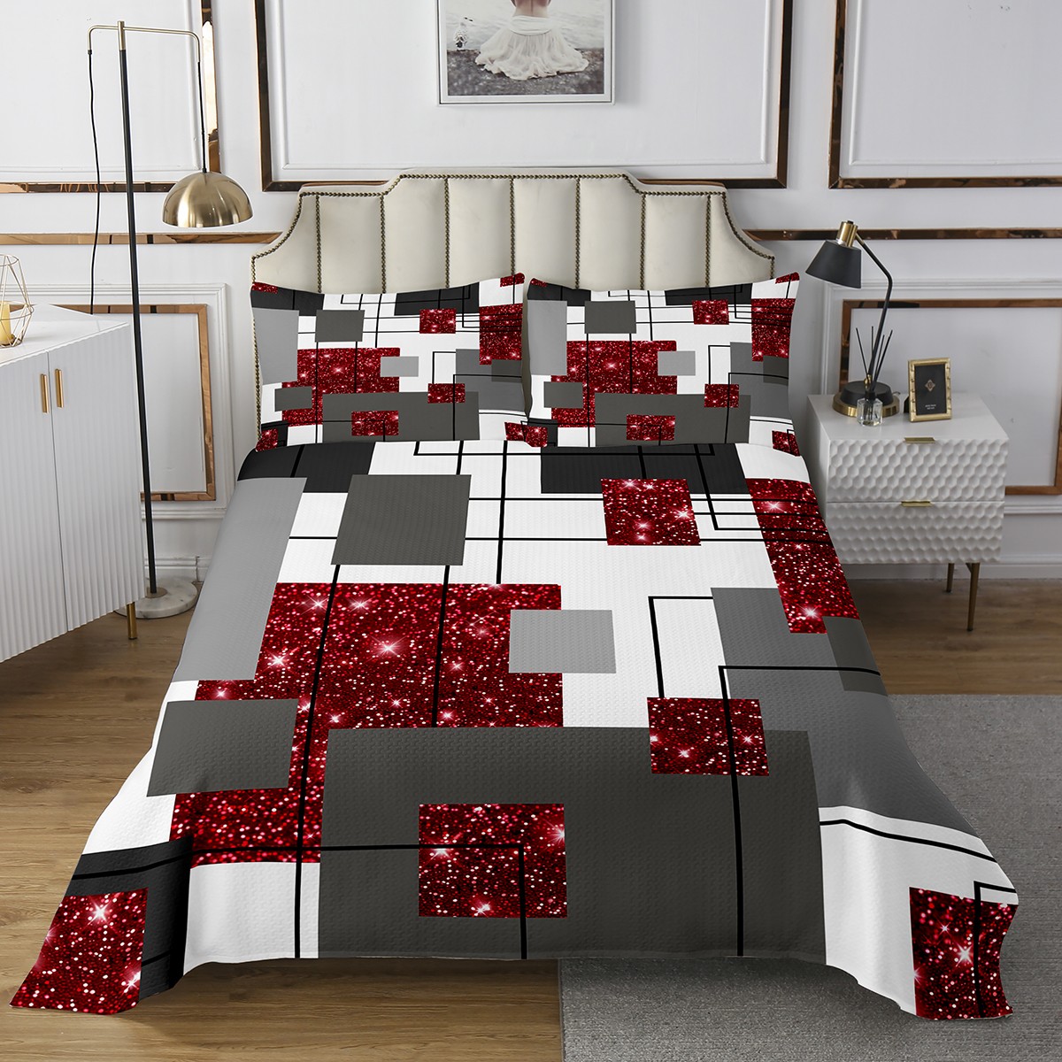 YST Boys Geometric Check Quilt Set Twin Red Glitter Sequins Grids Kids ...