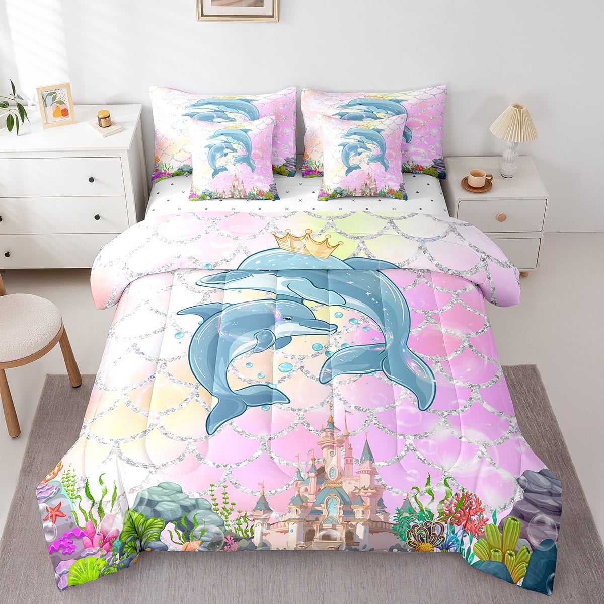 Dolphin Comforter Set Full 7 Piece,Rainbow Fish Scales Bed in a Bag ...