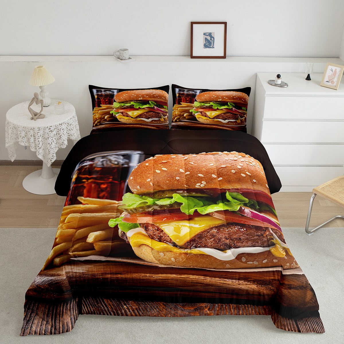 Hamburger Comforter Set King,French Fries Bedding Set Adults Room Decor ...