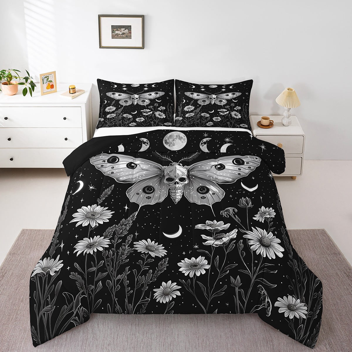 Death Moth Bedding Set Gothic Skull Heads Comforter Set Exotic Skeleton ...
