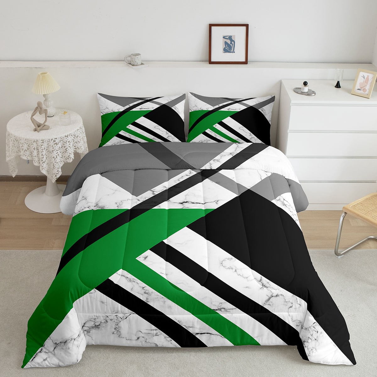 Green Black Grey Comforter Set Twin,Abstract Geometric Stripes Bedding ...