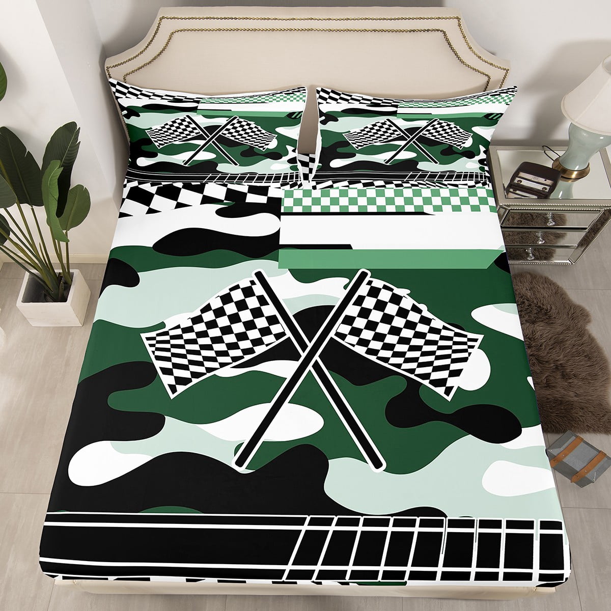 YST Boys Green Fitted Sheet Race Car Bedding Set Queen Size Racing Car ...