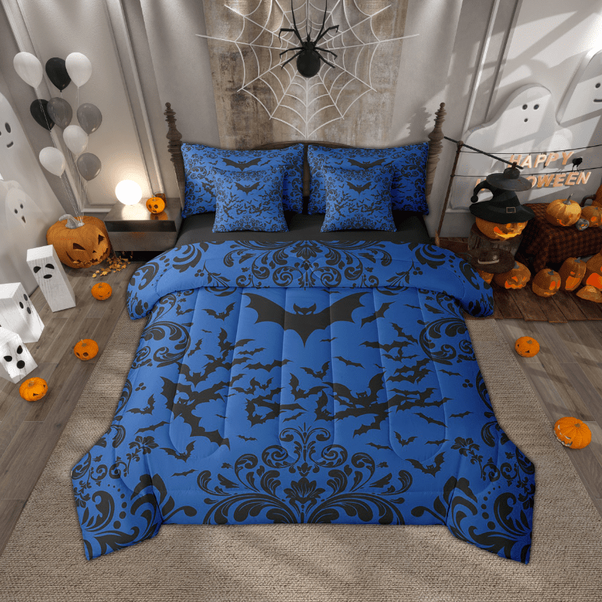 Halloween Bat Comforter Set 7 Piece Queen Black Bats Bed In A Bag With ...