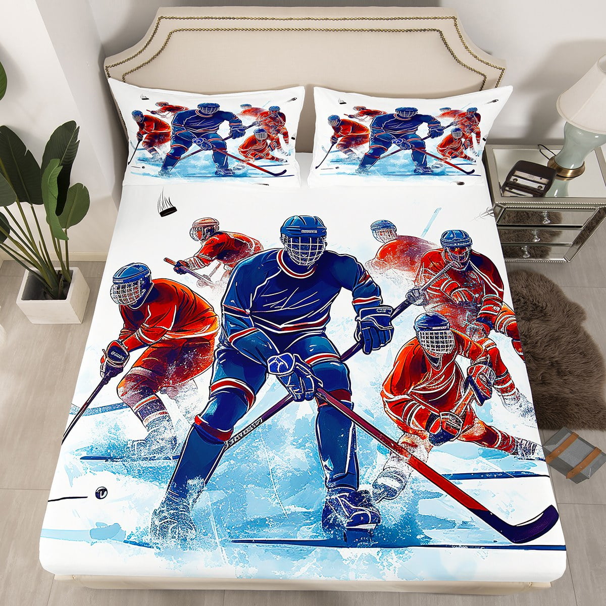Erosebridal Ice Hockey Bed Sheets,Hockey Player Printed Fitted Sheet ...