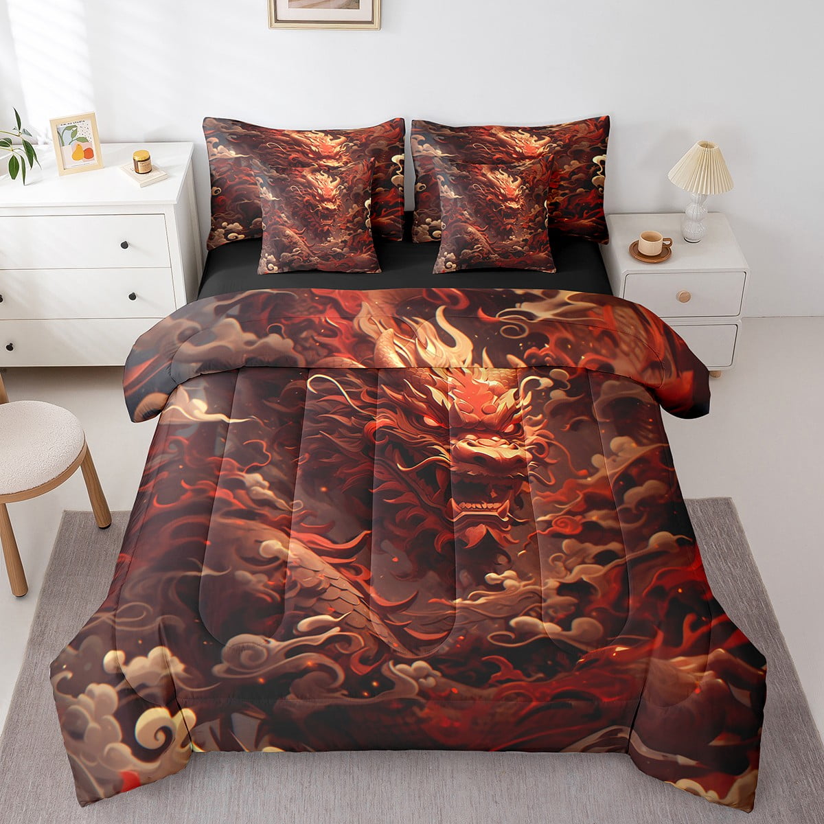 Magic Dragon Bedding Queen Size 7 Pieces Black and Red Comforter Set ...