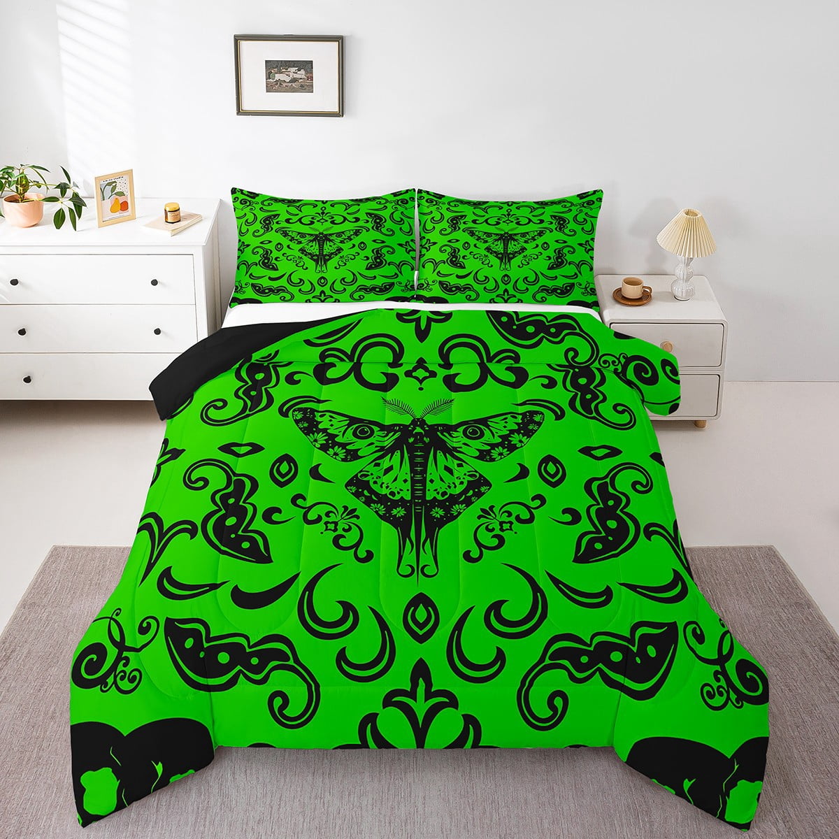 YST Boys Moth Gothic Bedding Sets Full Lime Green Black Baroque Damask ...