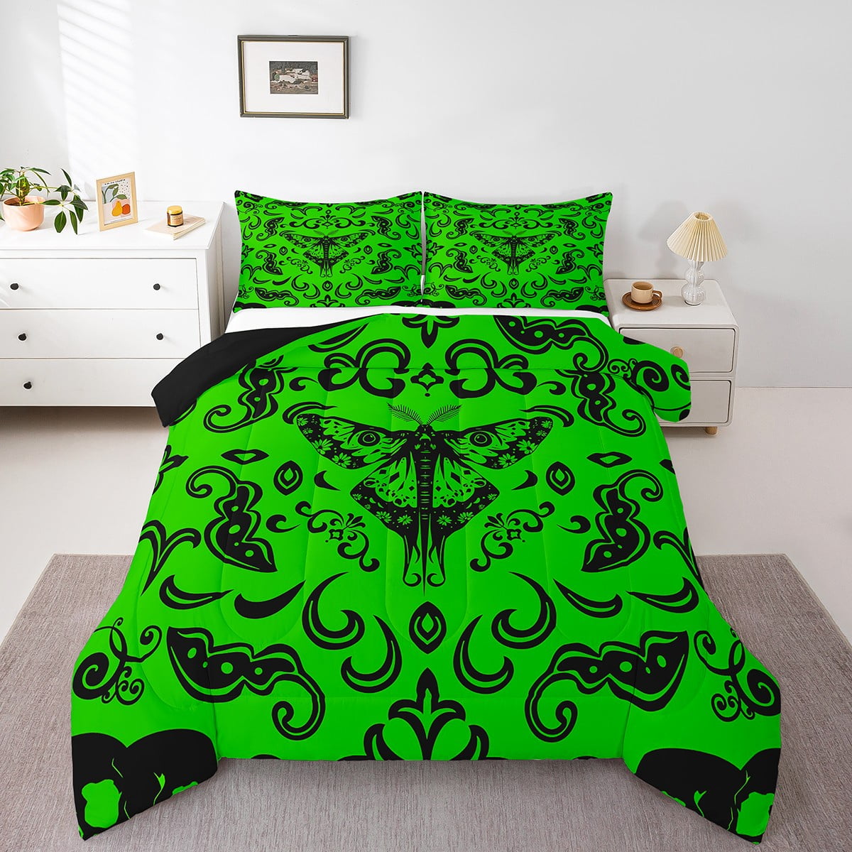 YST Boys Moth Gothic Bedding Sets Queen Lime Green Black Baroque Damask ...