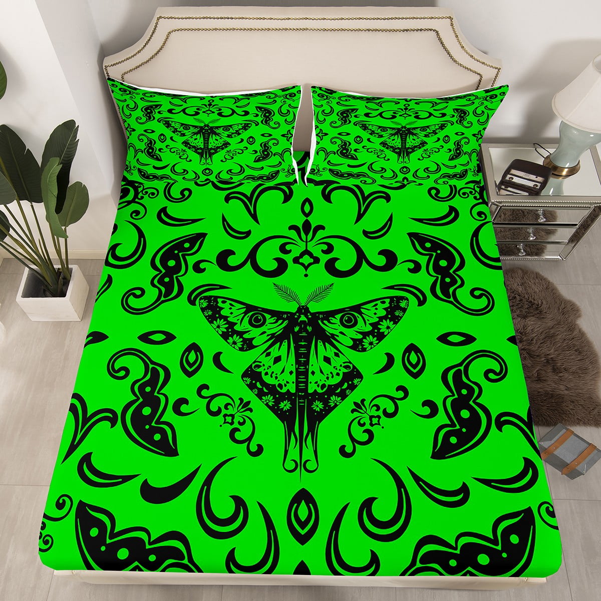 Moth Gothic Fitted Sheets Twin Lime Green Black Baroque Damask Goth Bed ...
