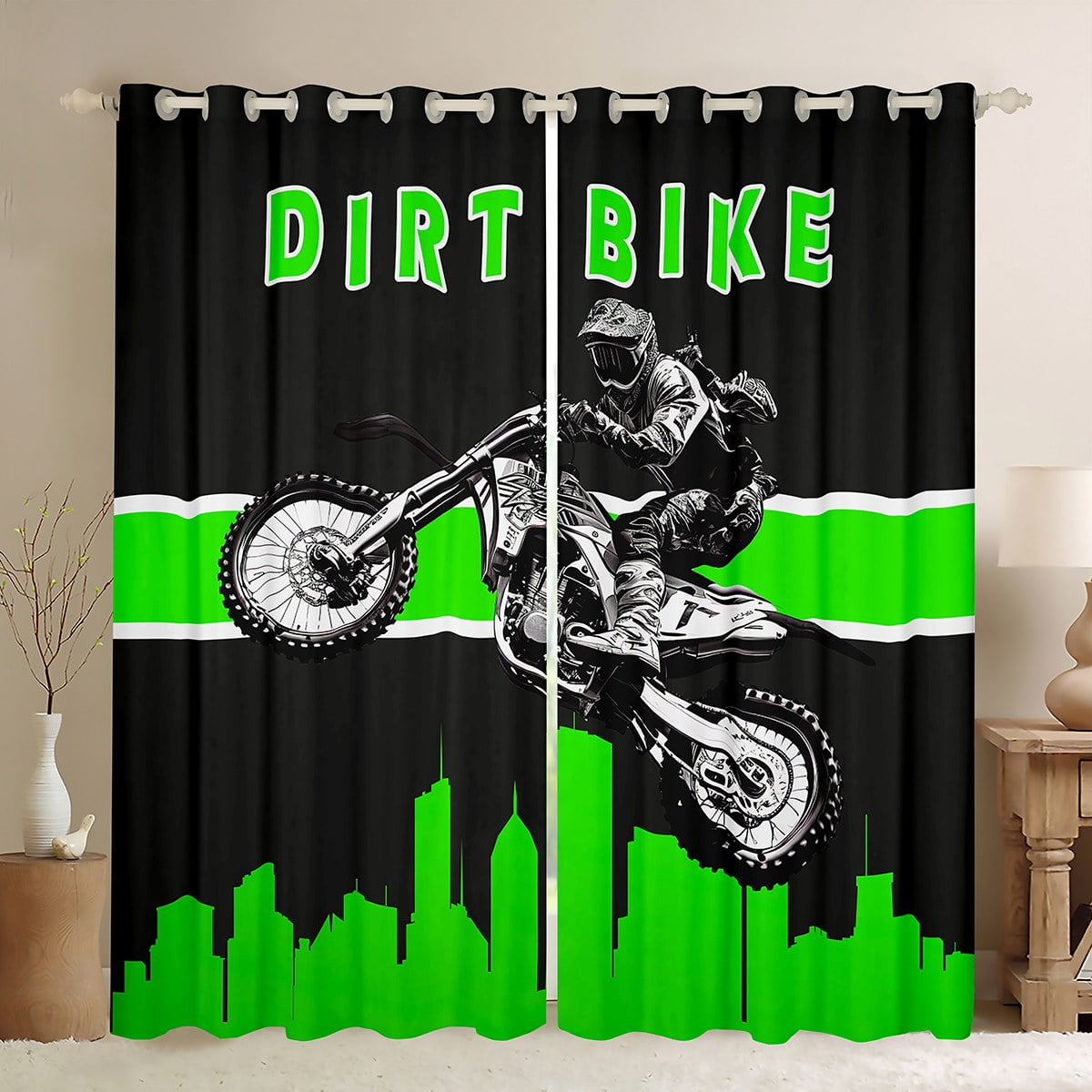 Motocross Rider Curtains Black Green Curtains & Drapes, Modern City ...