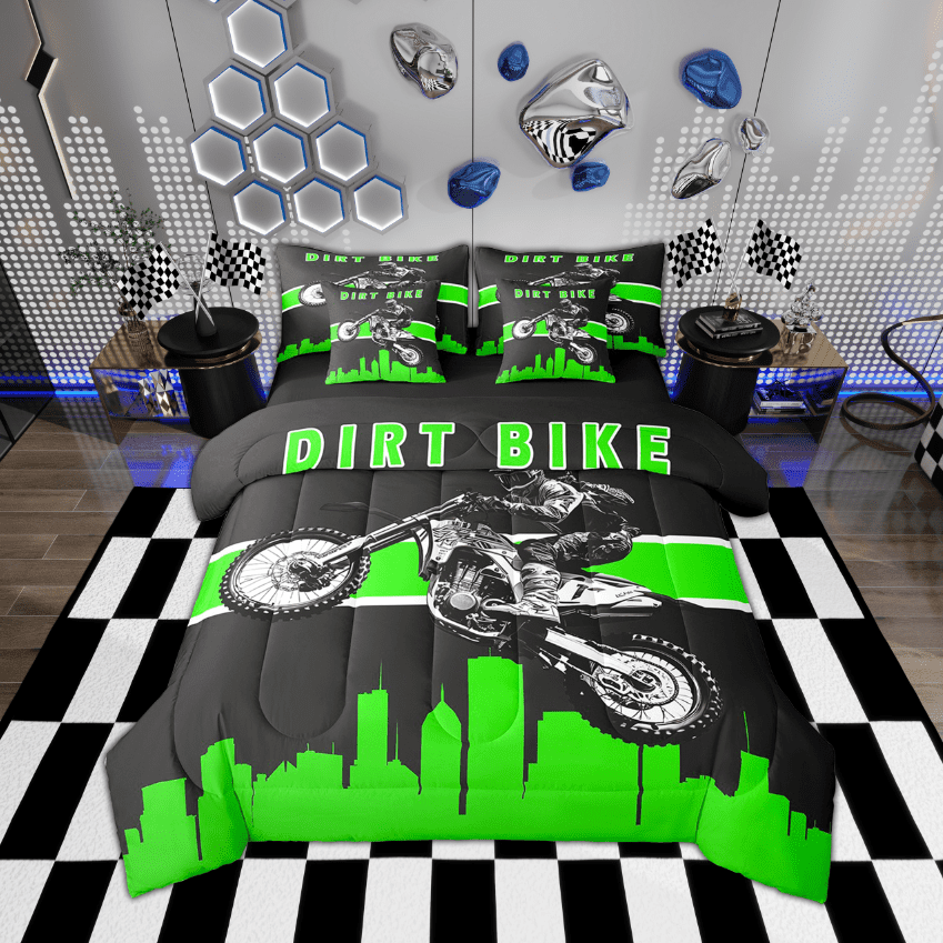 Erosebridal Motocross Rider Full Comforter Set 7 Pieces Black Green ...