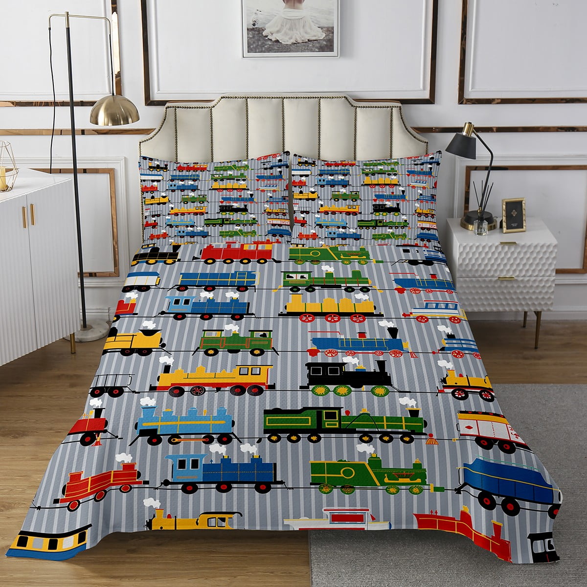 Quilt Set Twin Size Train Coverlet Set,Colorful Steam Engine Truck ...