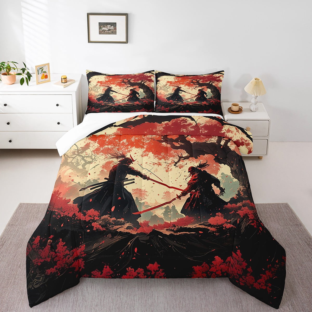 YST Boys Red Black Samurai Bedding Comforter Sets Full Japanese Ukiyo-E ...