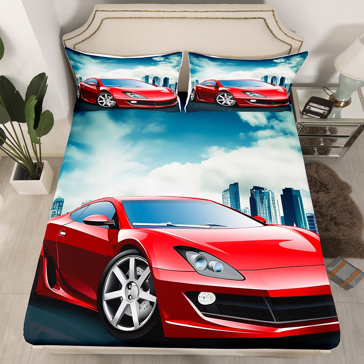 Red Race Car Queen Fitted Sheet for Young Adults Extreme Sports Bedding ...