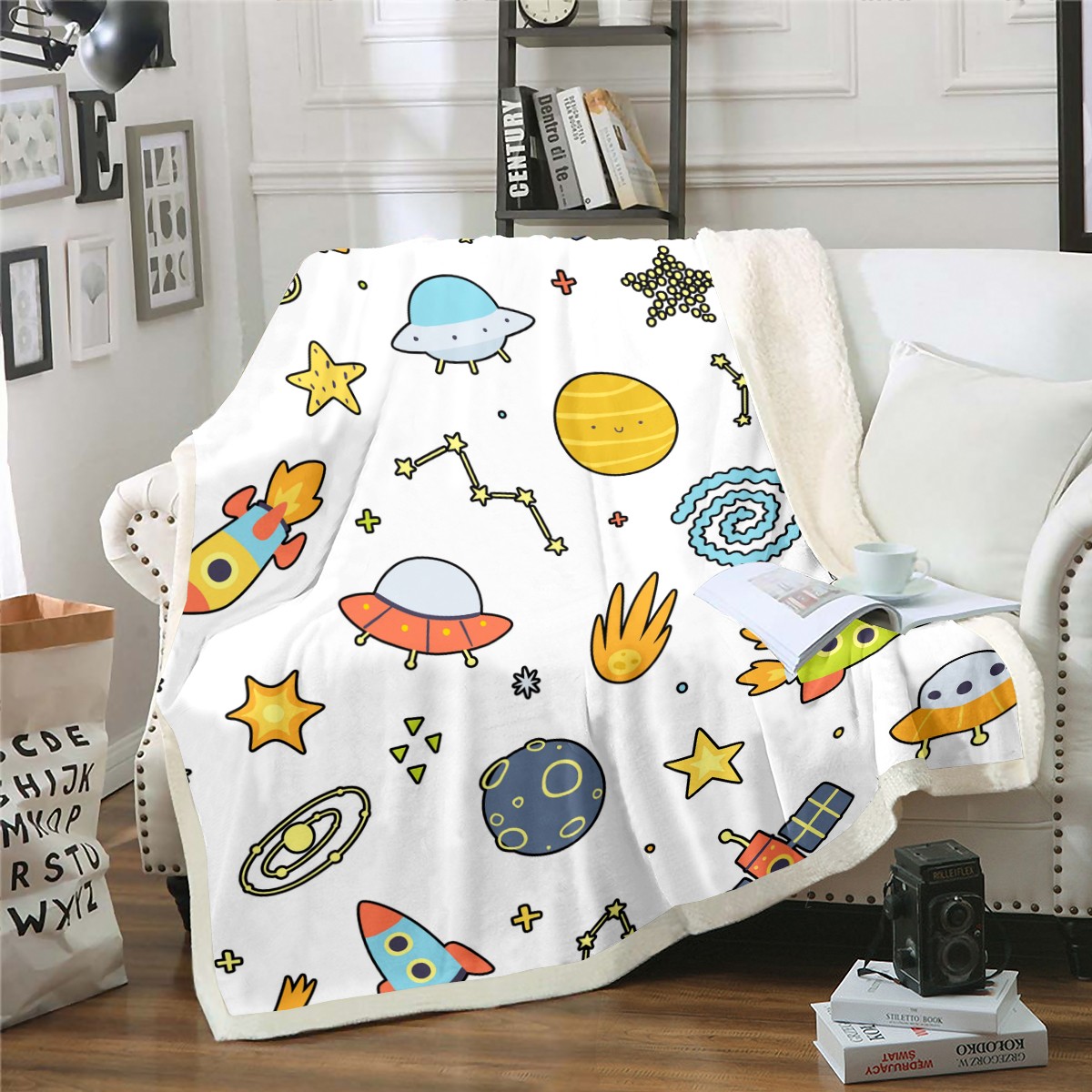 Rocket Ship Blanket Outer Space Throw Blanket Cartoon Spacecraft Print ...
