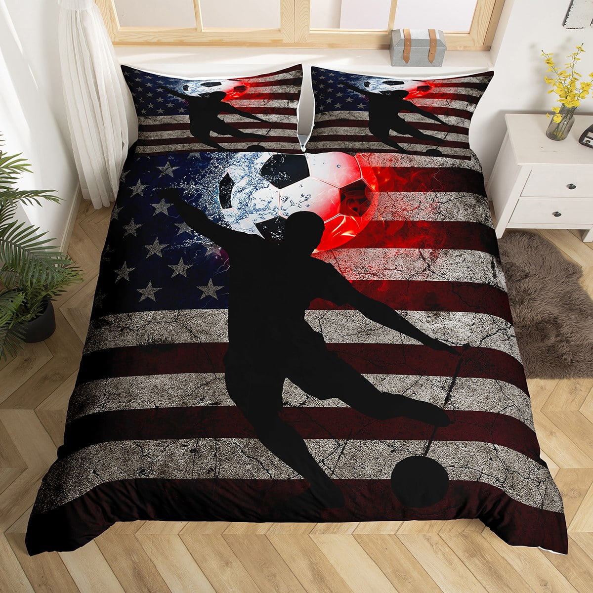 Erosebridal Soccer Football Comforter Cover Retro USA Flag Bed Set ...