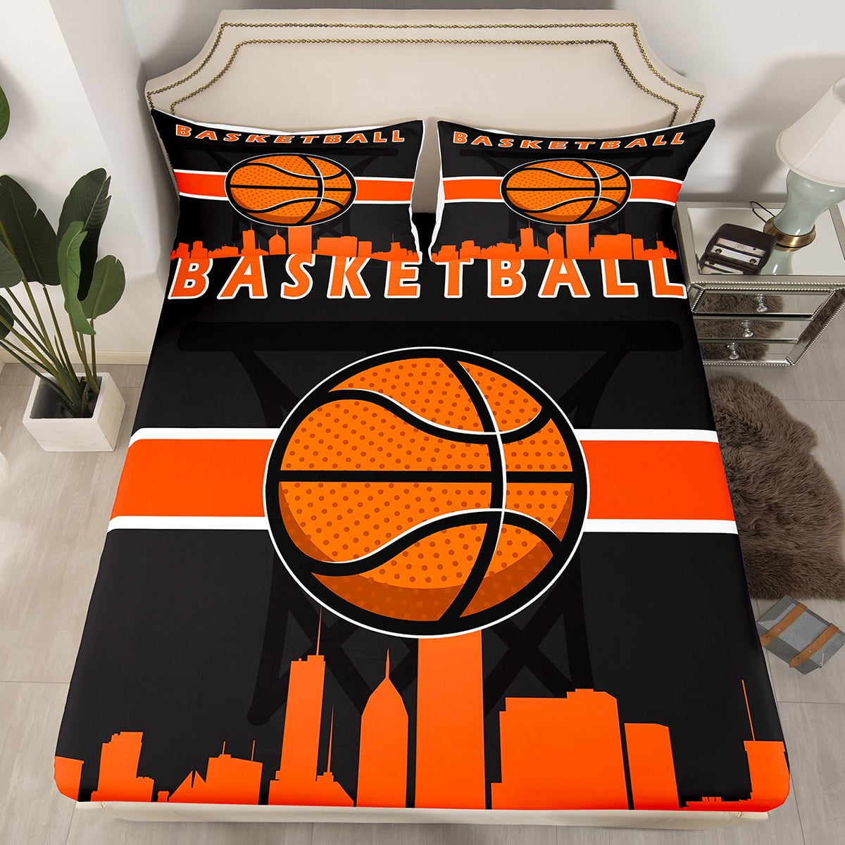 Sport Bed Sheets Basketball Fitted Sheet Queen Size Teens Adults, Black Orange Sheets Gamer Game ...