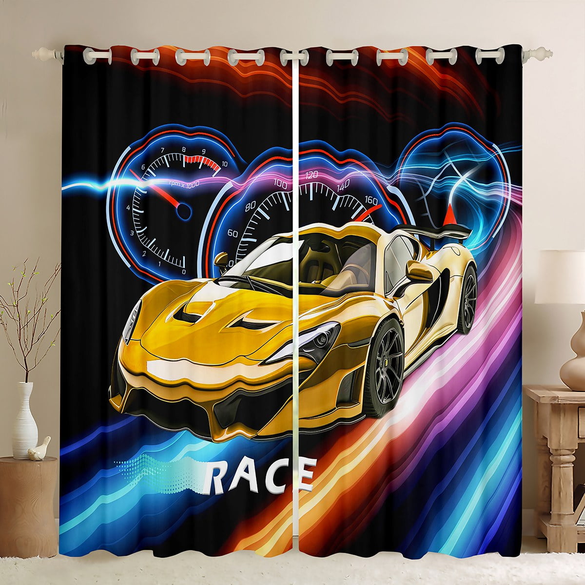 Erosebridal Sports Car Curtains Yellow Race Car Blackout Curtains 76x54 ...