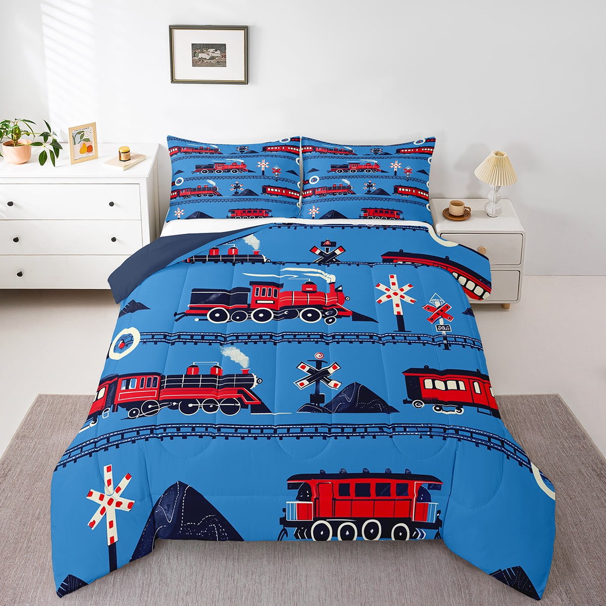 YST Boys Train King Comforter Set Cartoon Car Toddler Bedding Set ...