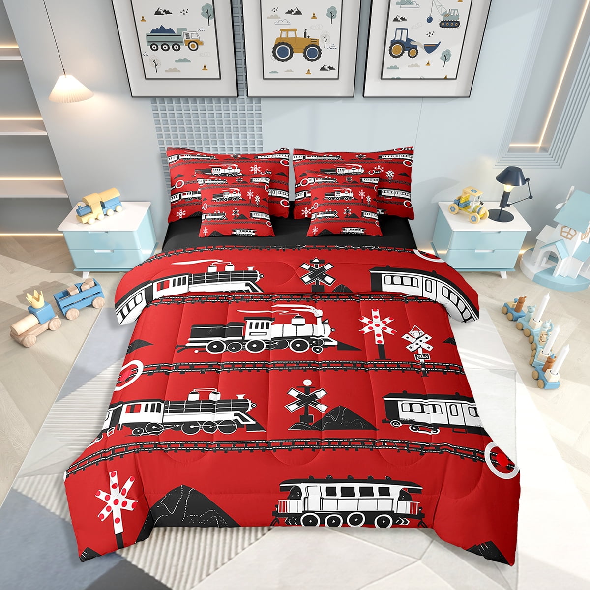 Train Queen Comforter Set Cartoon Car Bedding, 7Pcs Traffic ...