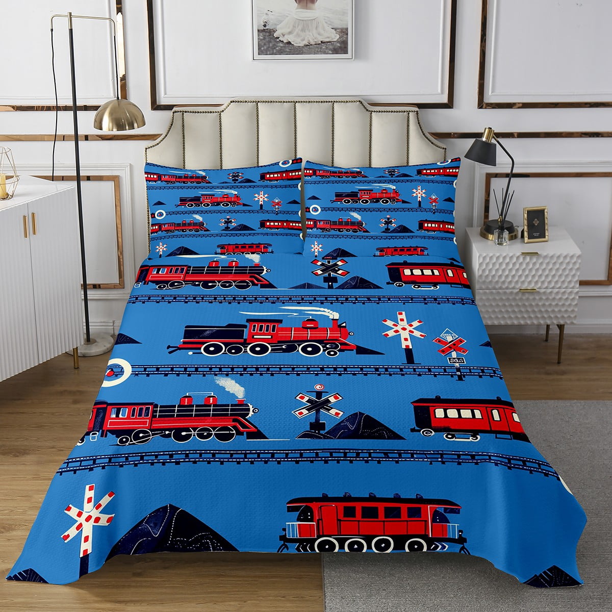 YST Boys Train Queen Quilt Set Cartoon Car Toddler Bedspread Set ...