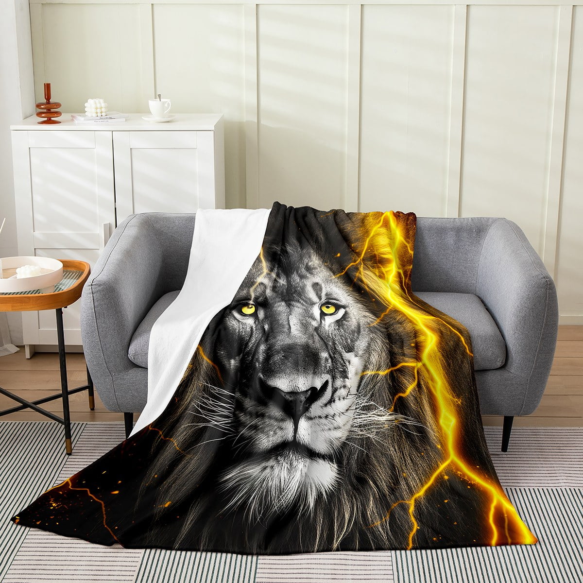 Wild Lion Throw Blanket For Adult Teens Men,Yellow Lightning Fleece ...