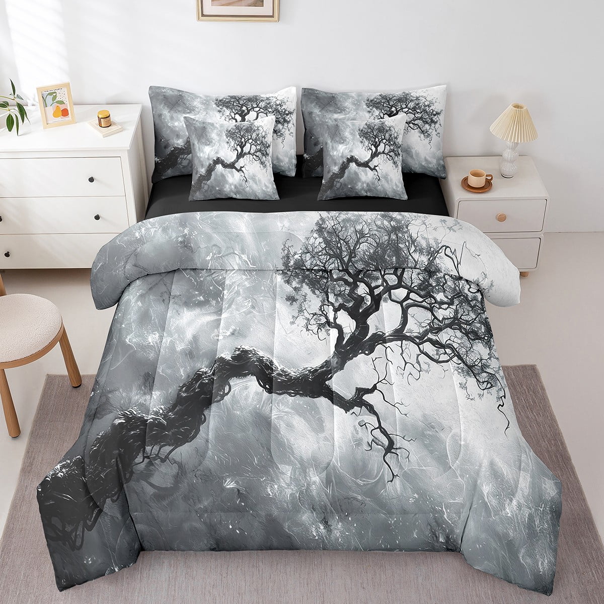 Branches Bedding Queen Size 7pcs Bed in a Bag, Trees Leaves Smoky ...
