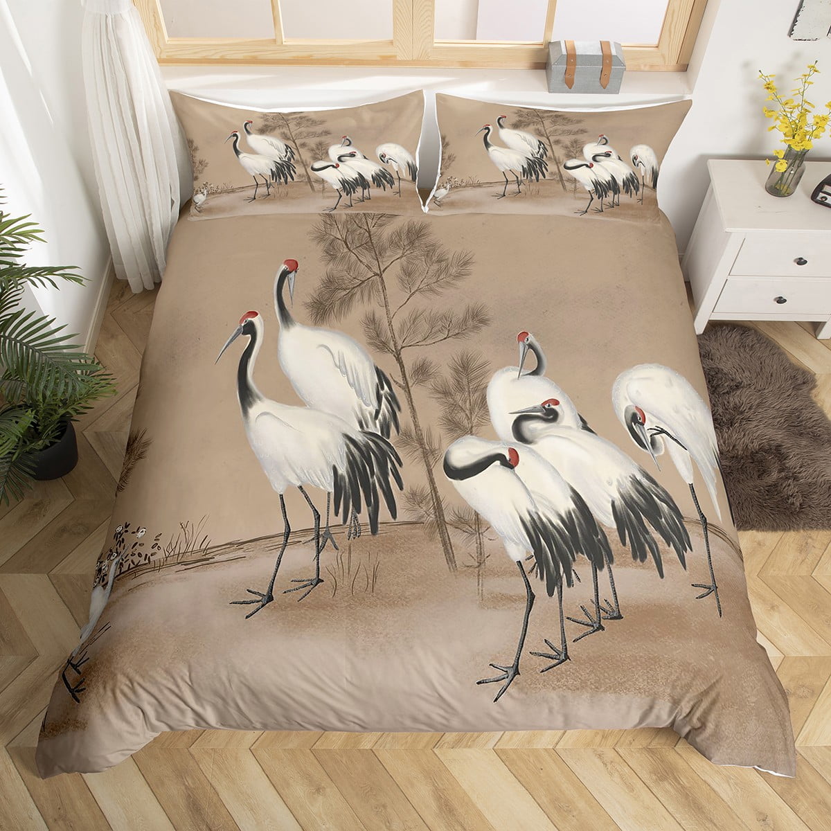 YST Brown Bedding Sets King White Crane Comforter Cover, Wild Bird ...