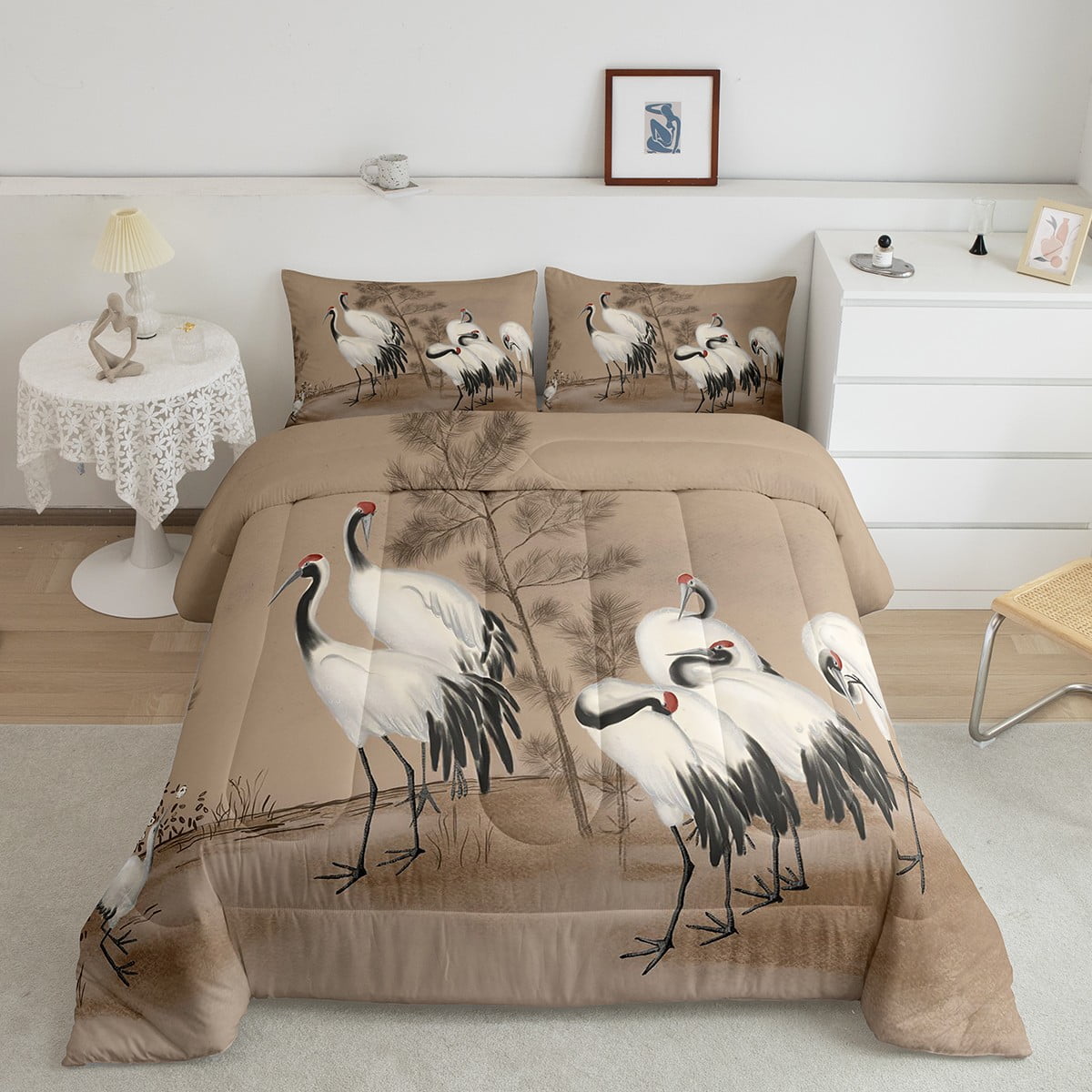 Brown Comforter Full White Crane Bedding Set, Wild Bird Animal Down ...