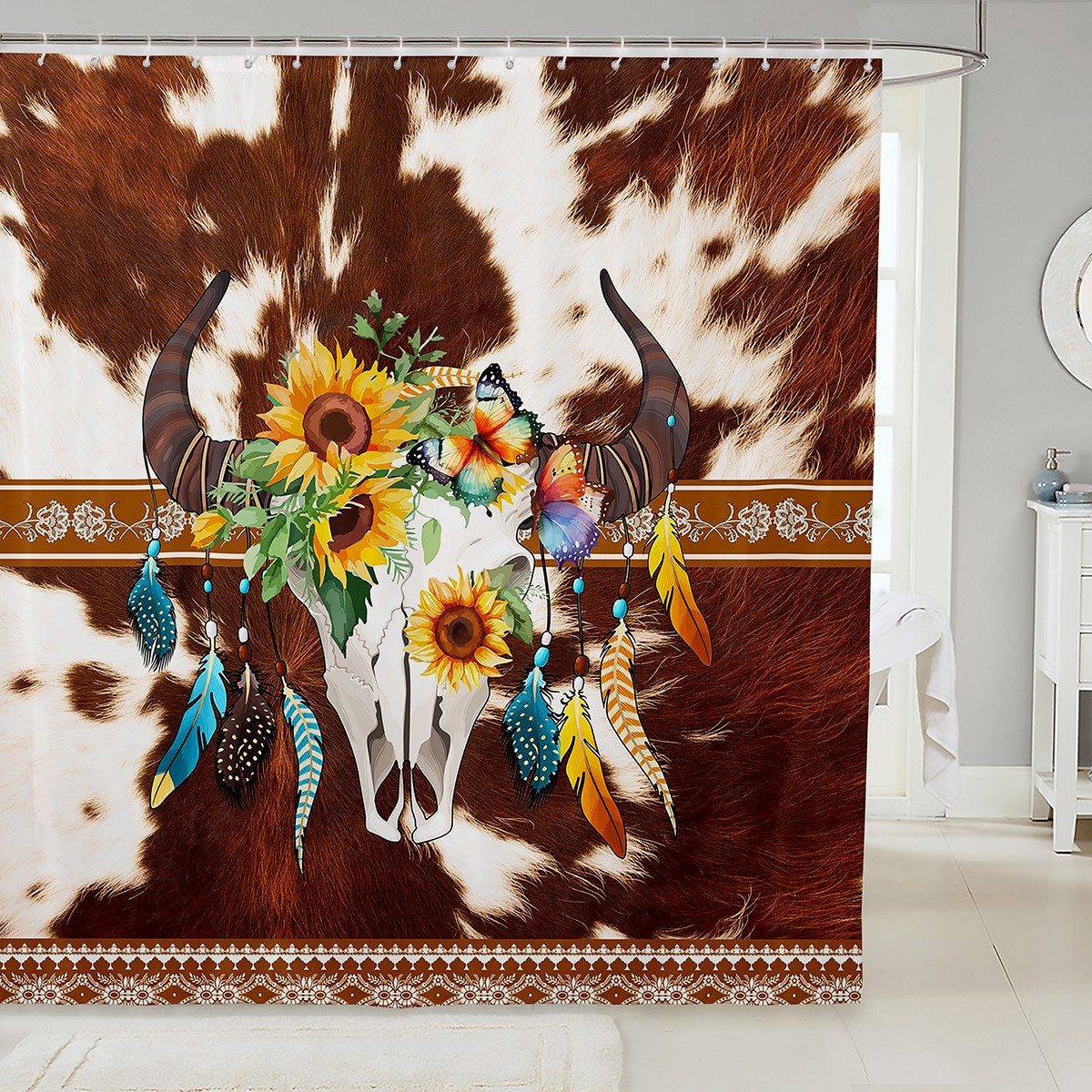 Brown Cowhide Bathroom Curtains,Sugar Skull Bath Curtain Sunflower ...