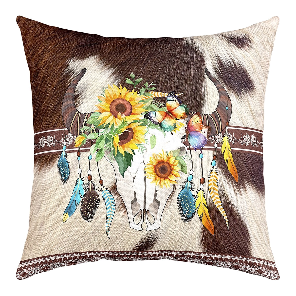 Brown Cowhide Cushion Cover Sugar Skull Throw Pillow Cover 20x20 inch ...