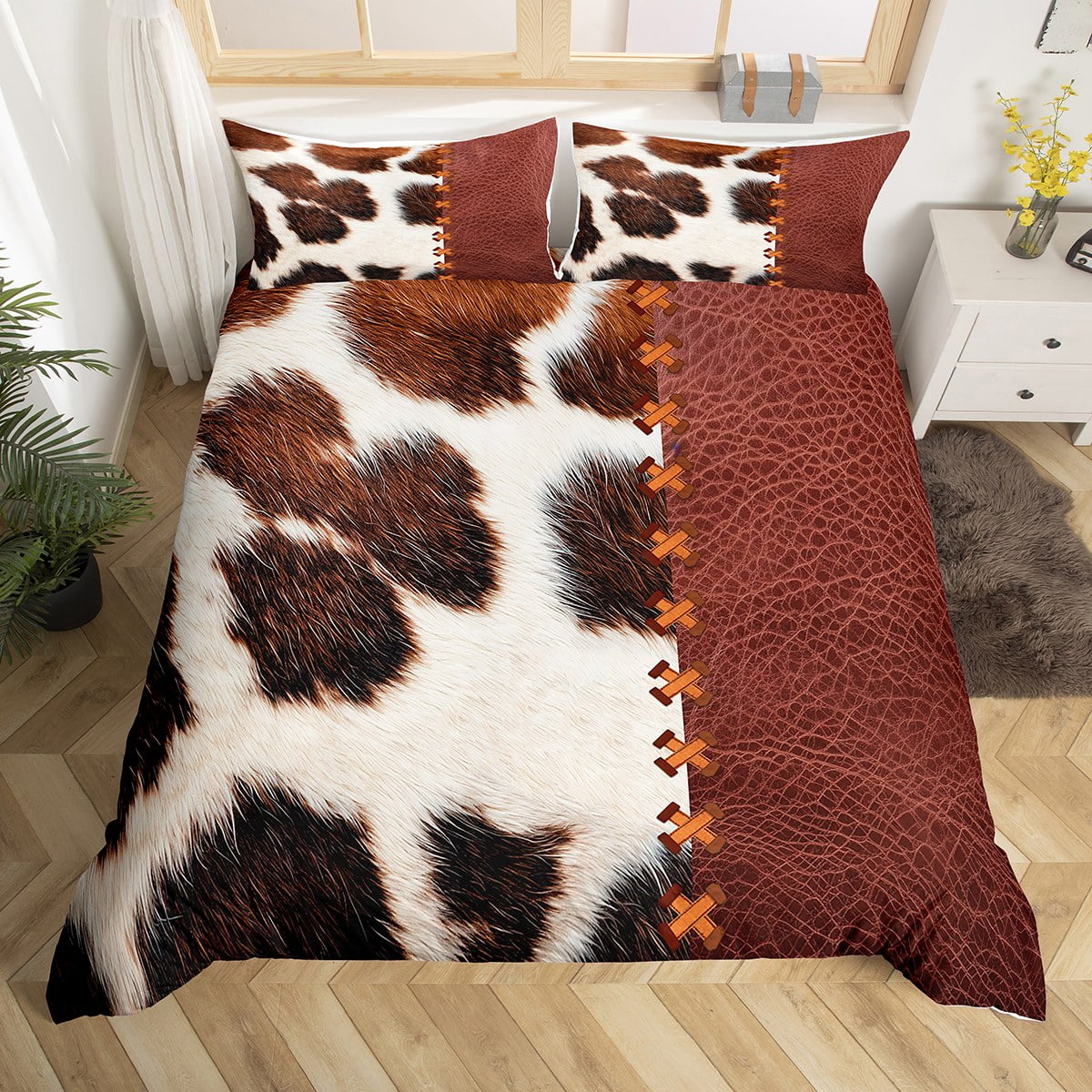 YST Brown Cowhide Duvet Cover Patchwork Cow Print King Bedding Sets for ...