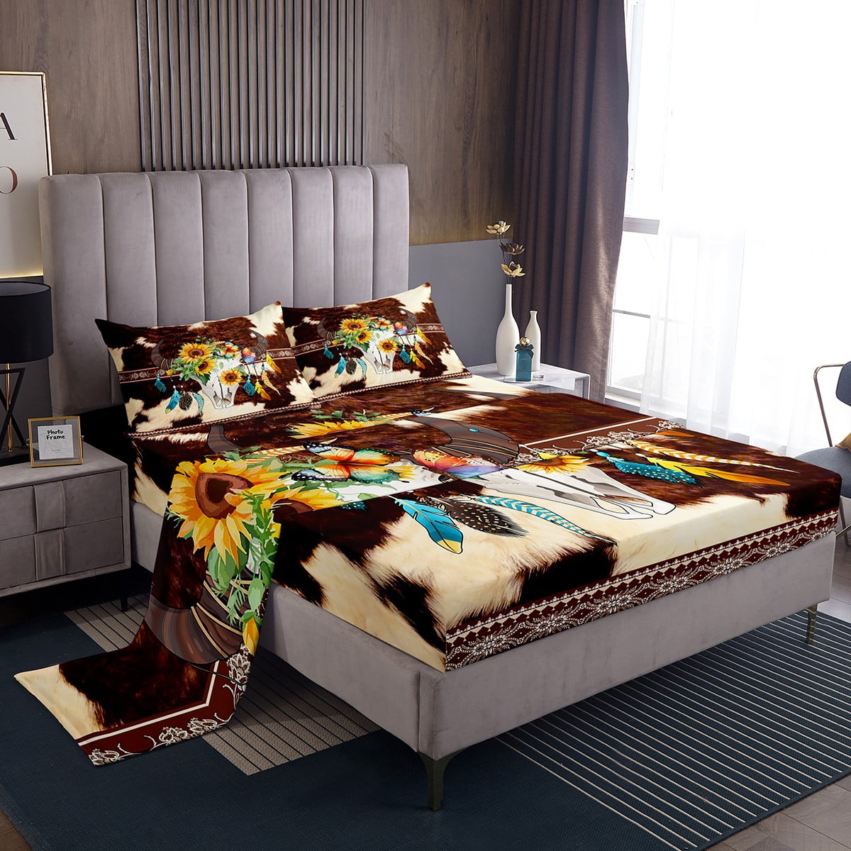 YST Brown Cowhide Sheet Set Sugar Skull Western Bed Sheets Set Full ...