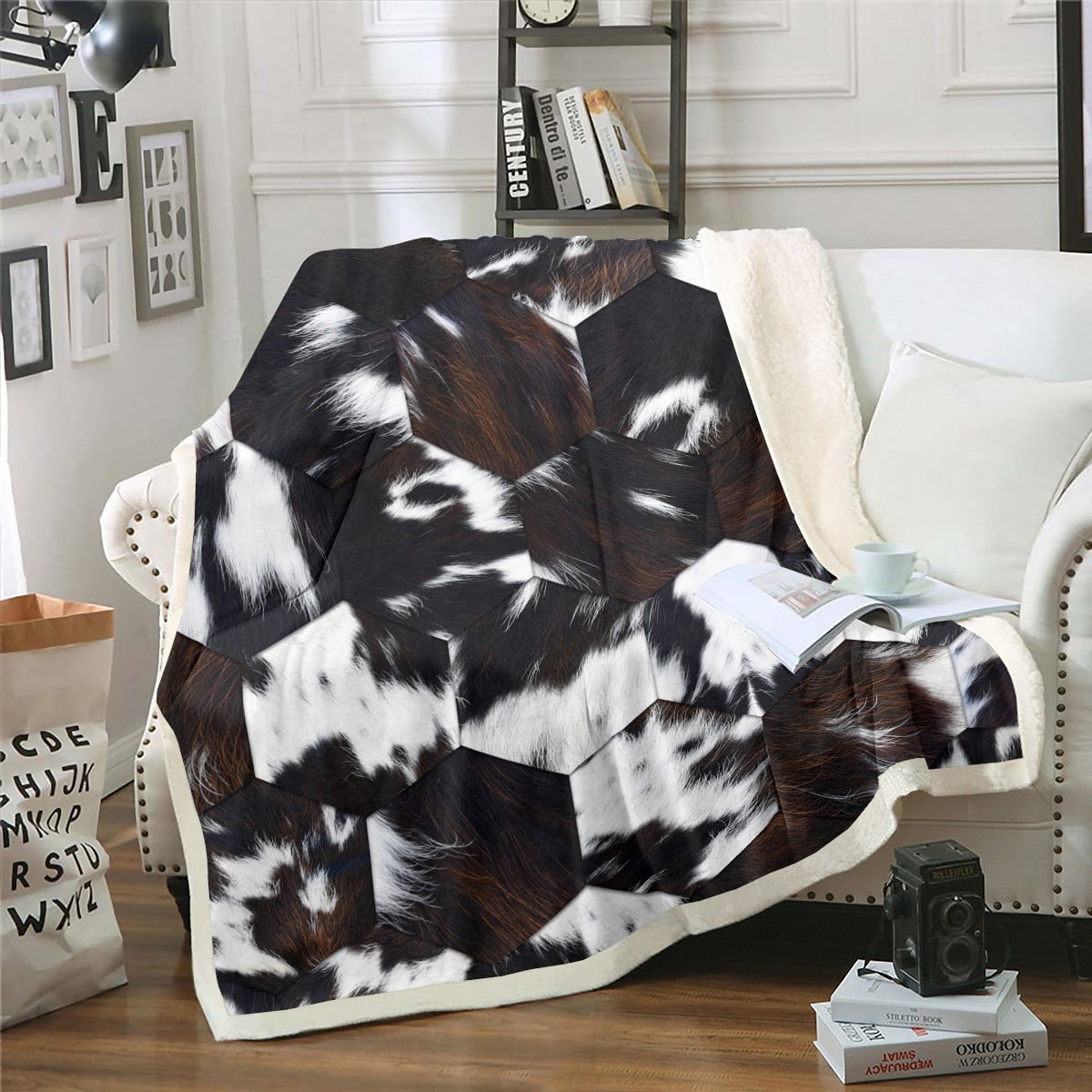 YST Brown Cowhide Throw Blanket,Farmhouse Black White Aztec Cow Print ...