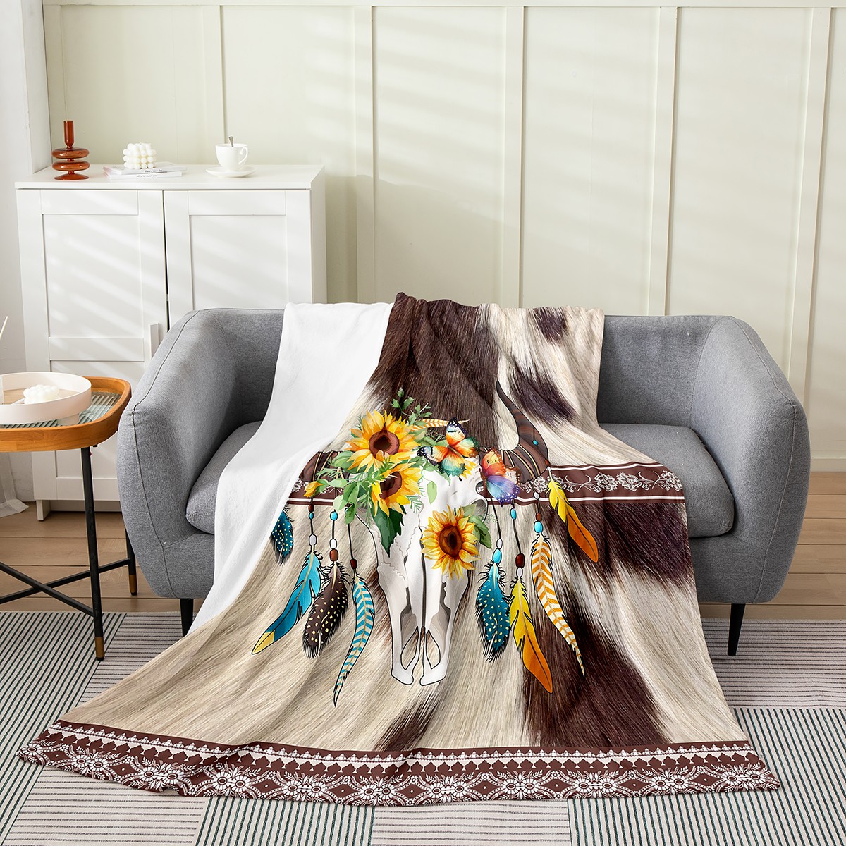 Brown Cowhide Throw Blanket Sugar Skull Western Fleece Blanket Throw ...